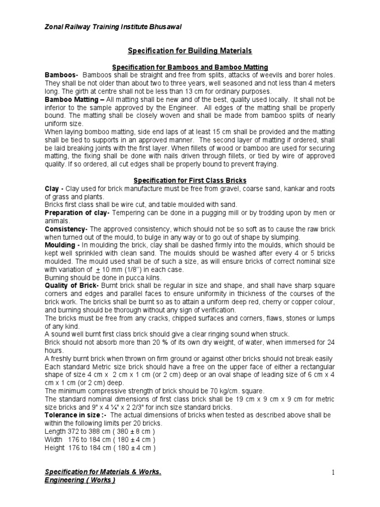 Building Materials Specifications | PDF | Brick | Cement