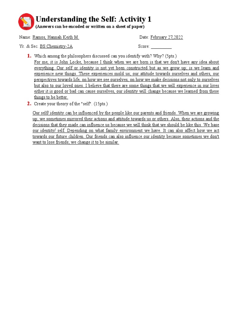 Understanding The Self: Activity 1: (Answers Can Be Encoded or Written ...