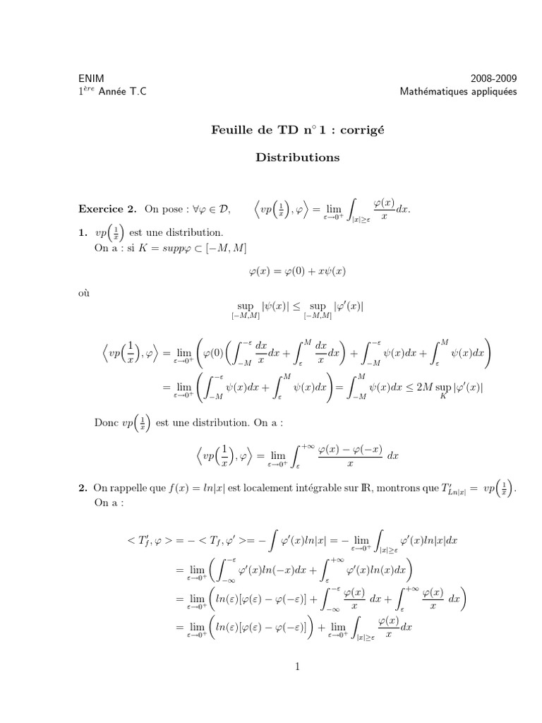 Feuille de TD N 1 - Corrigé. Distributions | PDF | Équations ... Feuille de TD N 1 - Corrigé. Distributions | PDF | Équations ...