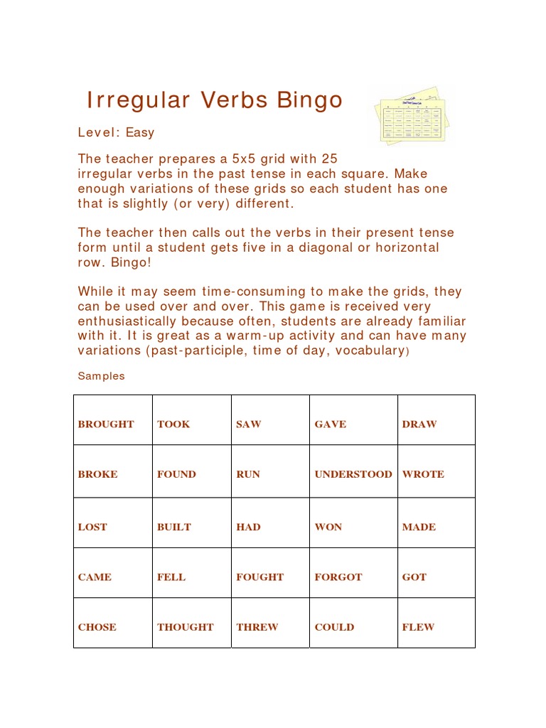 Irregular Verbs Bingo: Level: Easy | PDF