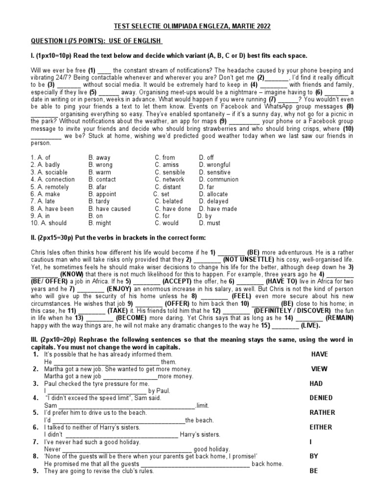 Subiect Olimpiada Engleza-10 | PDF