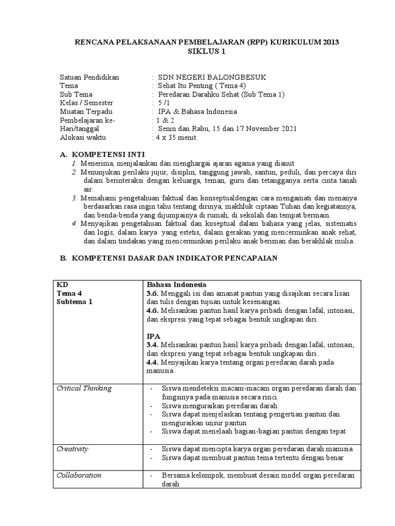 RPP Tema 4 Siklus 1 | PDF