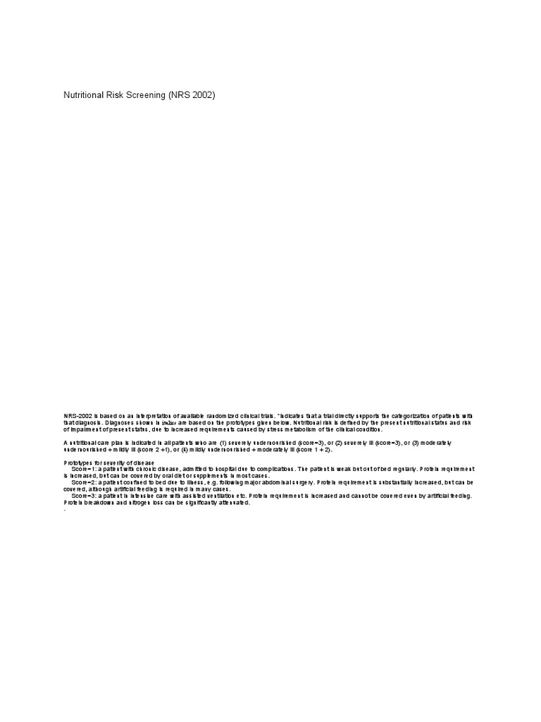 NRS 2002 Nutritional Risk Screening Guide | PDF