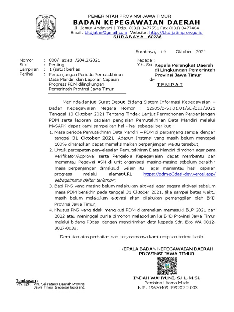 SURAT EDARAN DINAS - Perpanjangan Pemutakhiran Data Mandiri PDM Bagi Instansi 31 Oktober 2021 | PDF