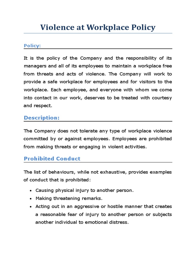 Workplace Violence Prevention Policy | PDF | Violence | Employment