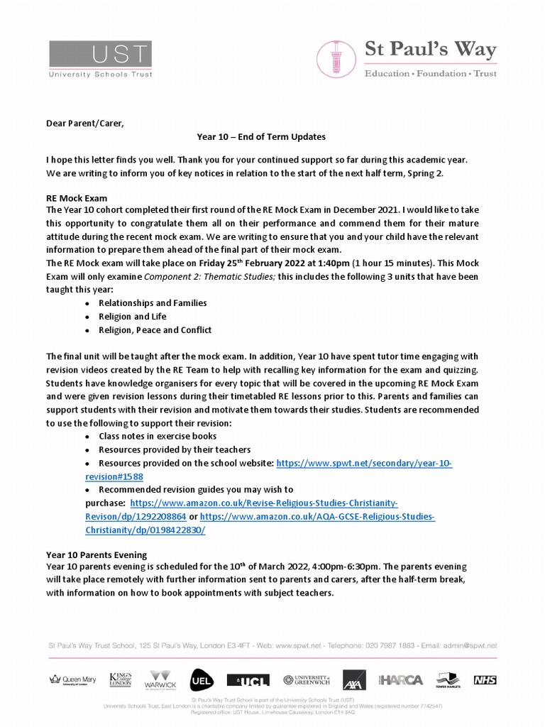 Year 10 RE Mock Exam Updates | PDF | Teachers | Test (Assessment)