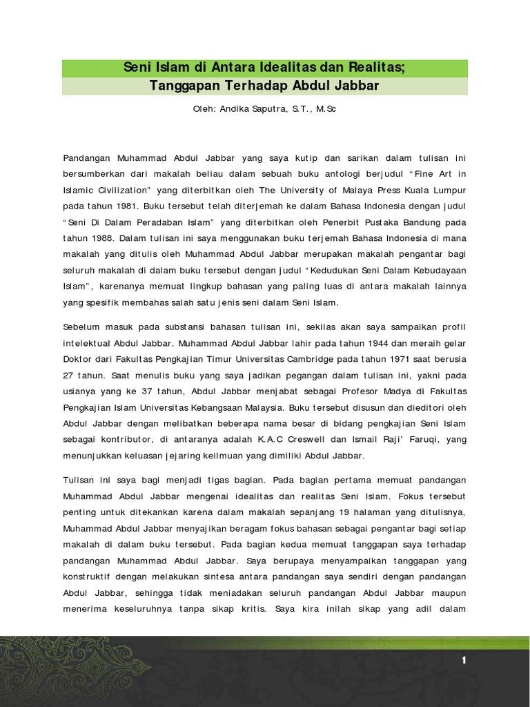 Seni Islam Di Antara Idealitas Dan Reali | PDF
