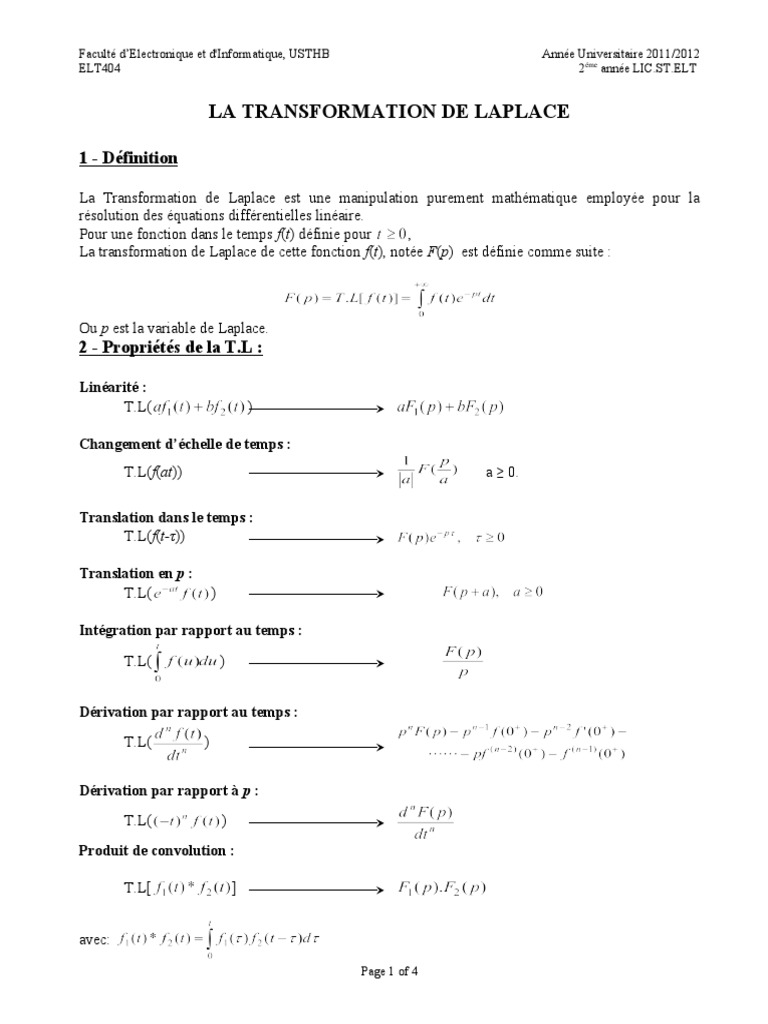 COURS No 2 La Transformation de Laplace | PDF | Transformation de Laplace | Fonctionnalités et ...