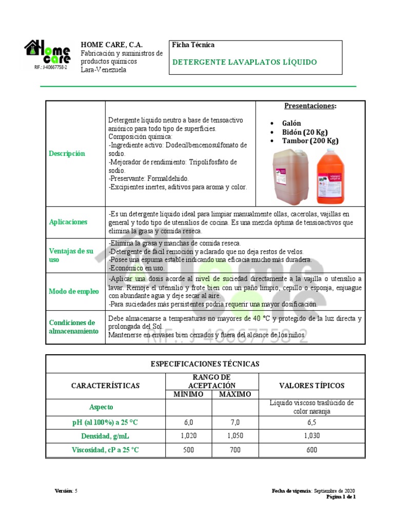 Lavaplatos Detergente Lavaplatos Liquido Ficha Tecnica 1 | PDF