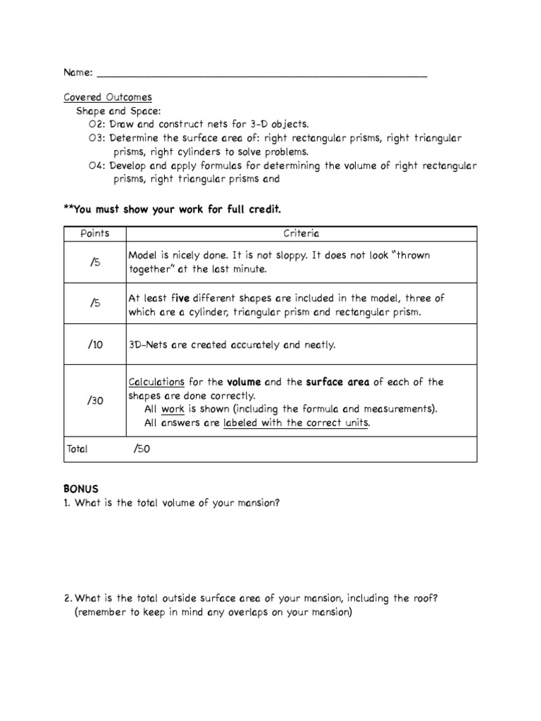 Surface Area and Volume Project | PDF