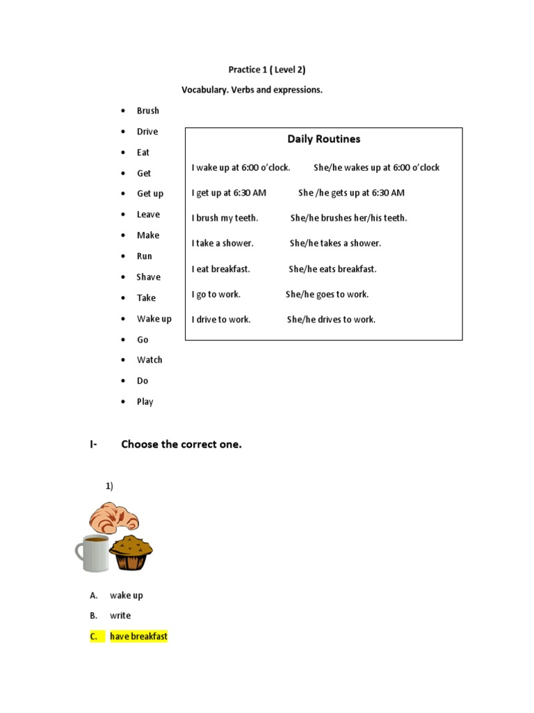 Daily Routines: Practice 1 (Level 2) Vocabulary. Verbs and Expressions ...