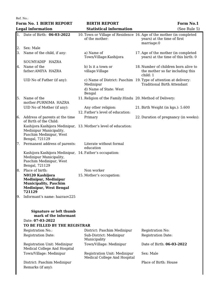 Form No. 1 Birth Report Birth Report Form No.1 Legal Information Statistical Information | PDF ...