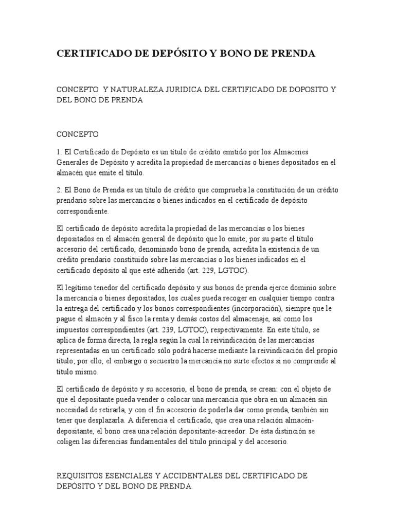 Certificado De Depósito Y Bono De Prenda Pdf Guía De Carga Pagos