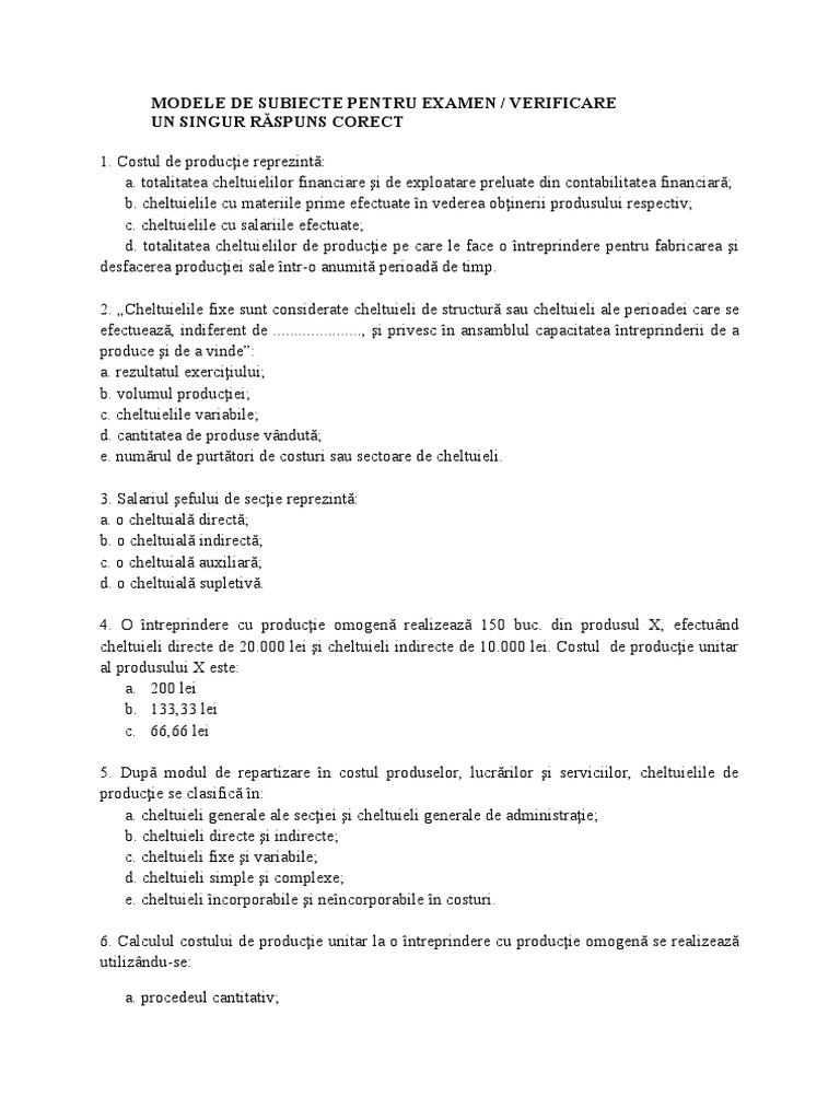 Modele de Subiecte Pentru Examen Contabilitate | PDF