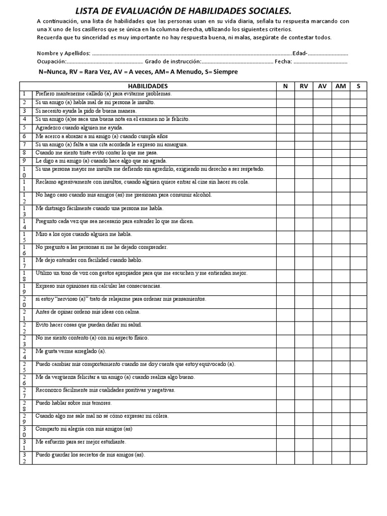 Lista de Evaluación de Habilidades Sociales | PDF
