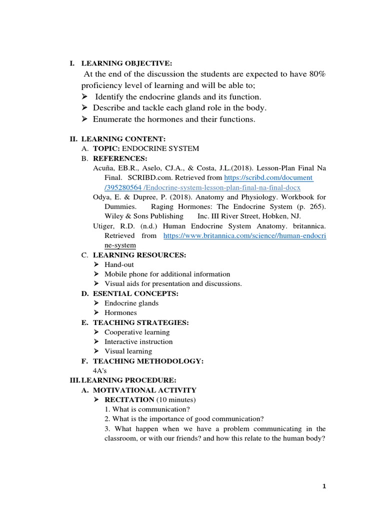 I. Learning Objective:: /endocrine-System-Lesson-Plan-Final-Na-Final ...