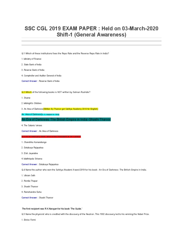 SSC CGL 2019 Exam Paper - GS | PDF | International Development ...