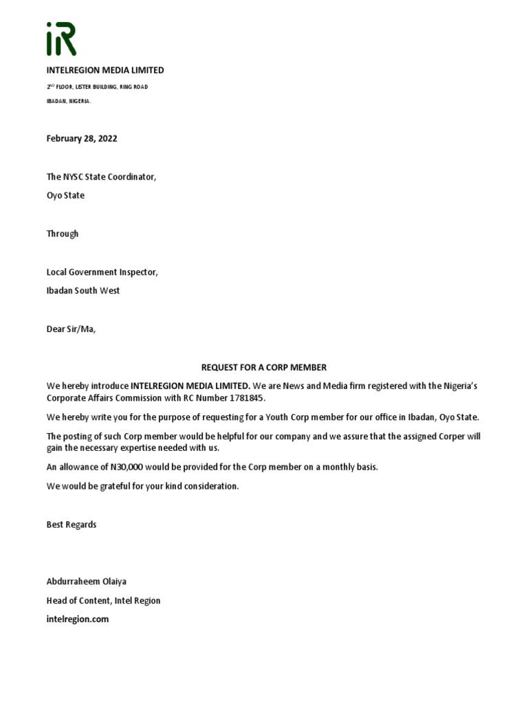Request for NYSC Corp Member | PDF
