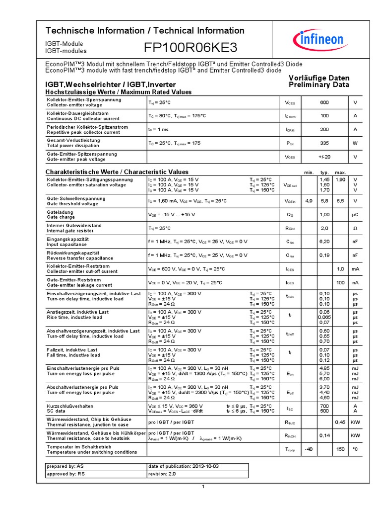 Infineon FP100R06KE3 DS v02 - 00 en - de | PDF | Electric Power | Energy Technology