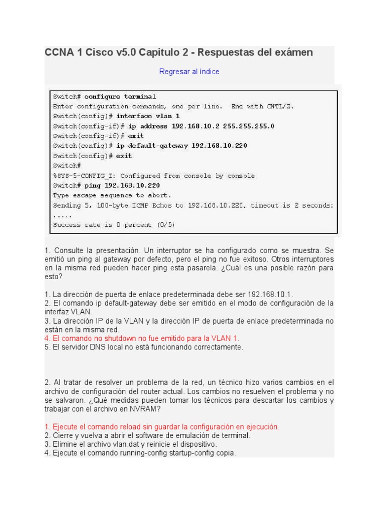 CCNA 1 Cisco v5.0 Capitulo 2 - Respuestas Del Exámen | PDF | Enrutador (Computación) | Dirección IP