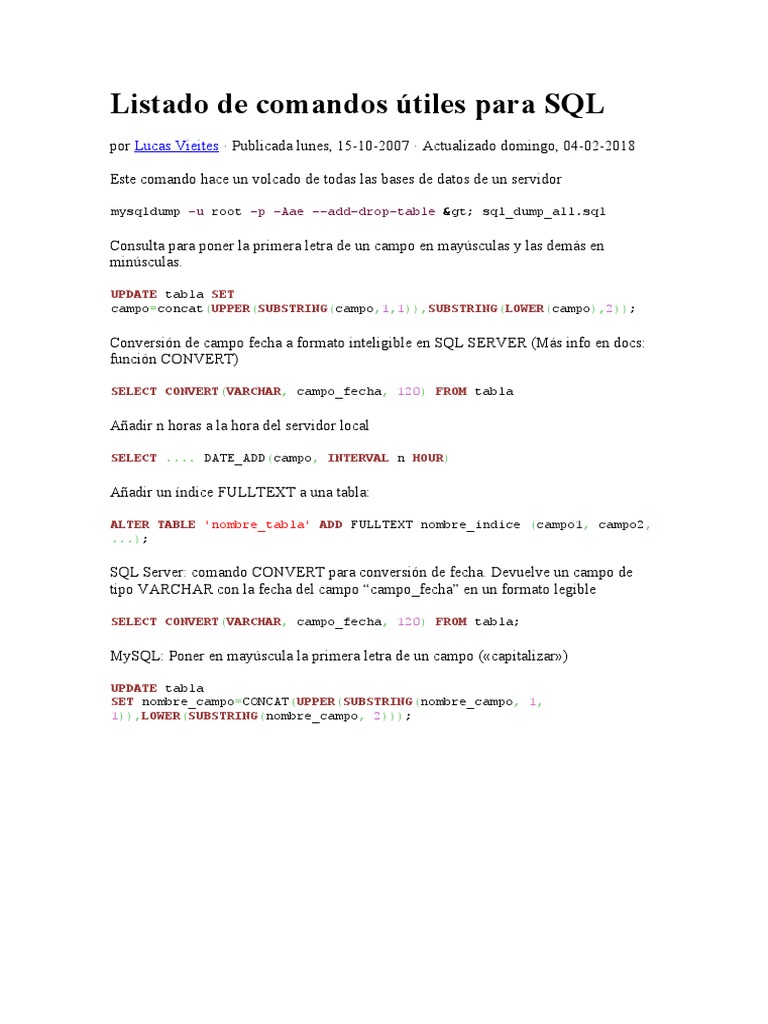 Comandos SQL Esenciales y Tutoriales | PDF | Servidor SQL de Microsoft | SQL