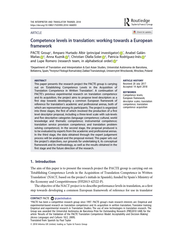 PACTE - Competence Levels in Translation | Download Free PDF ...