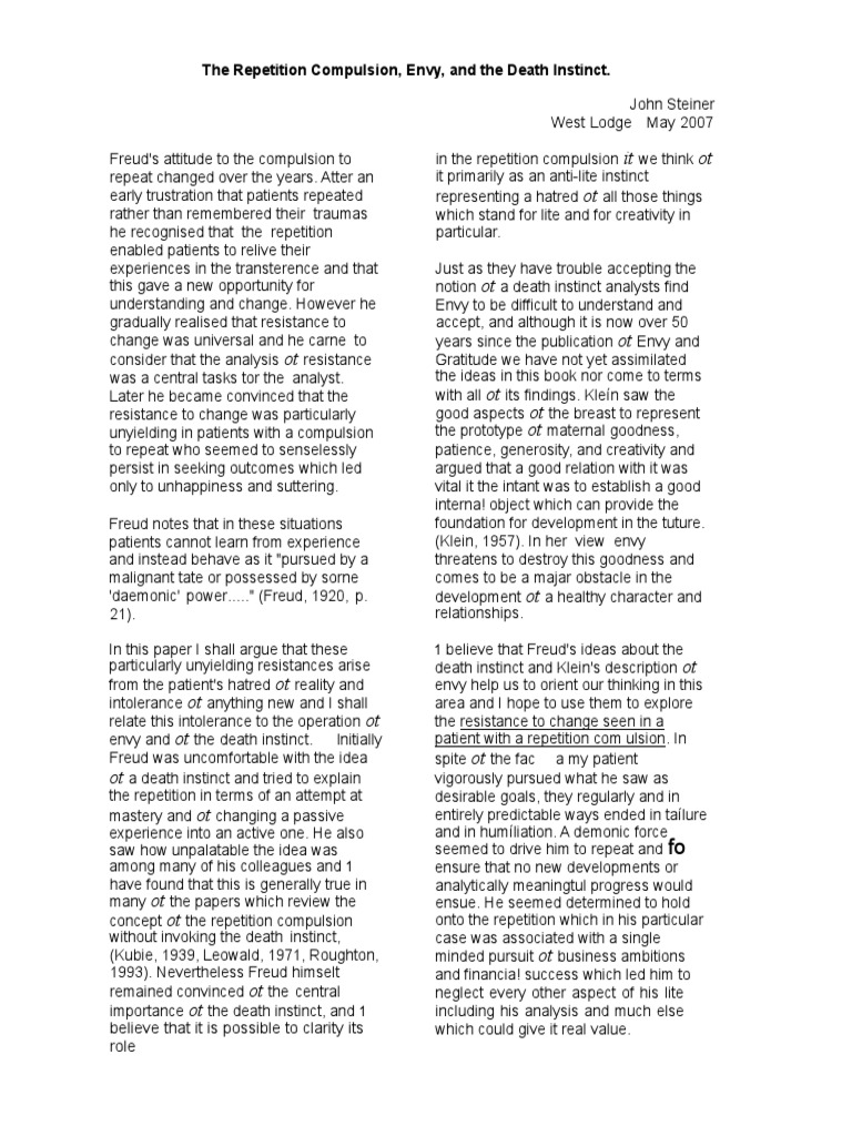 Steiner Repetititon Compulsion | PDF | Id | Psychoanalysis