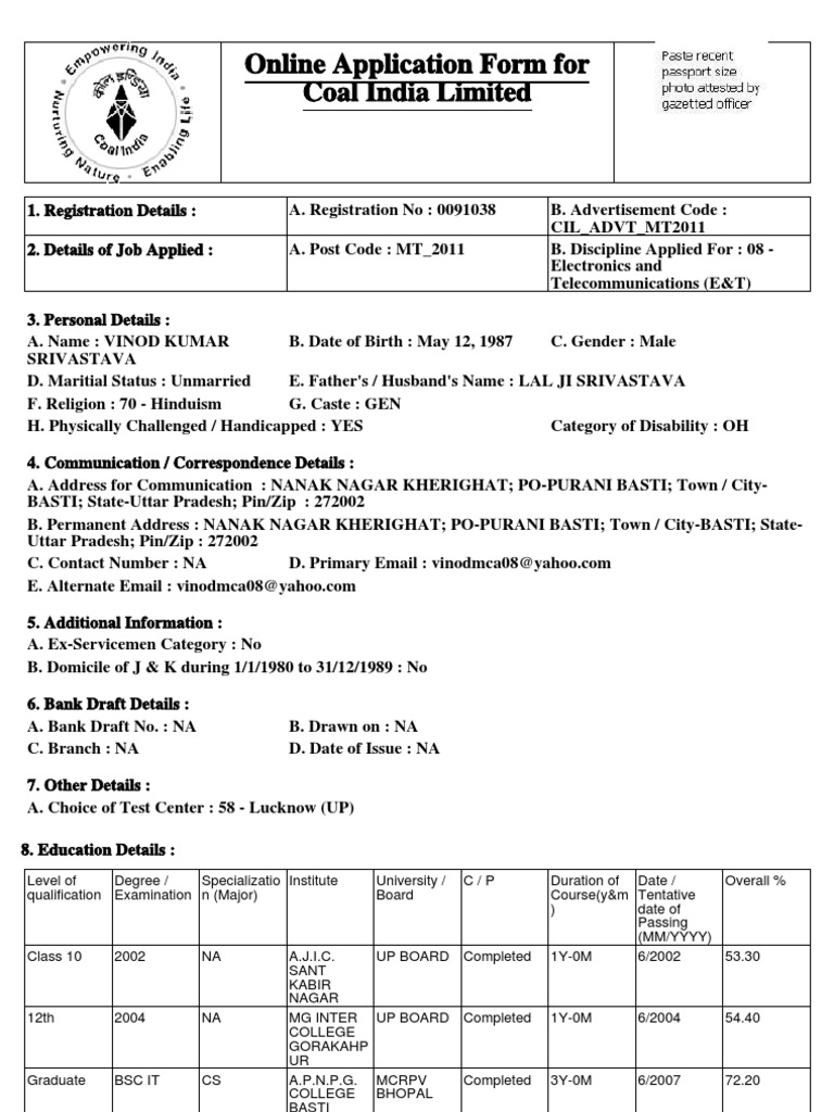 Online Application Form For Coal India Limited | PDF
