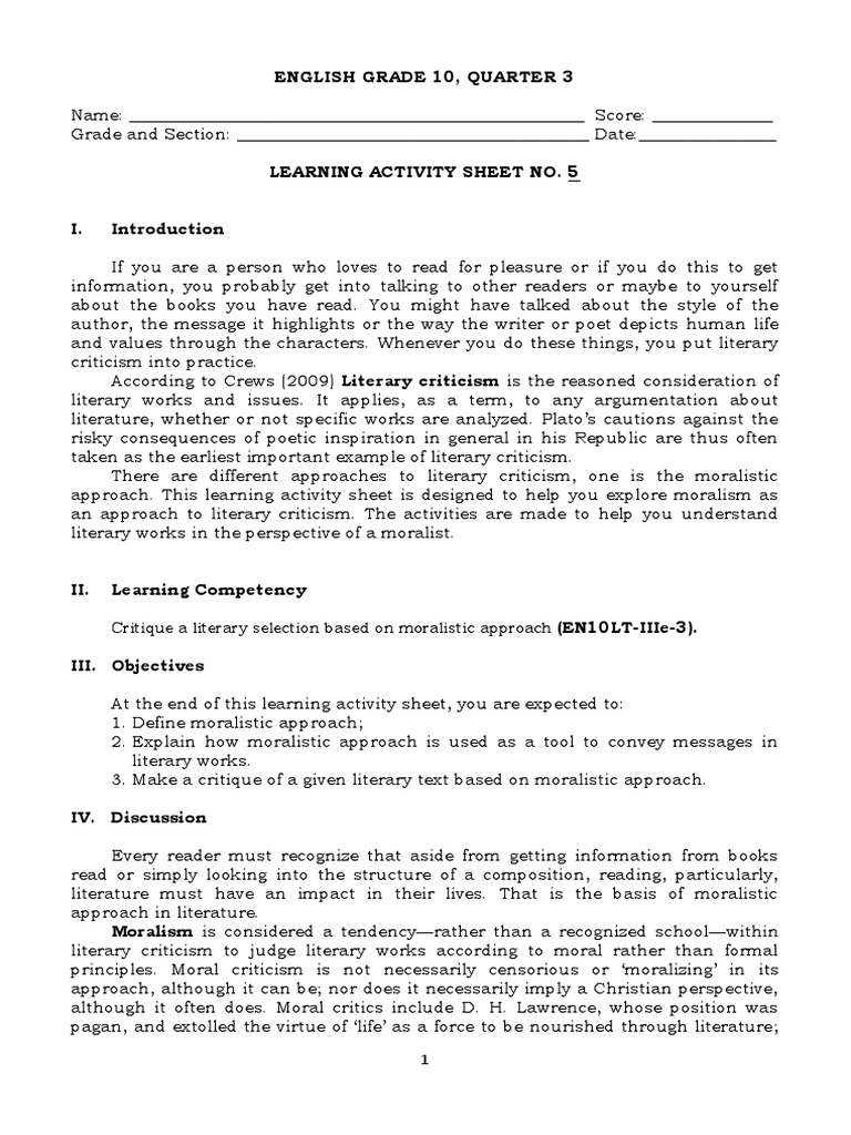 English Grade 10, Quarter 3: Critique A Literary Selection Based On ...