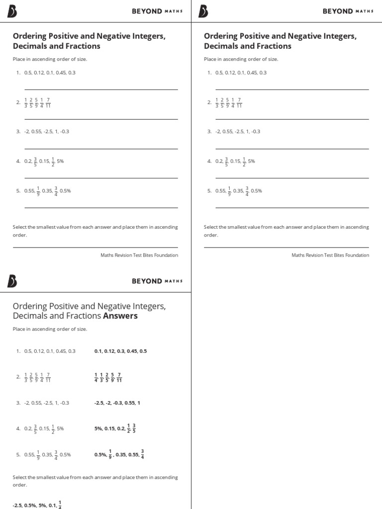 Ordering Positive and Negative Numbers, Decimals and Fractions | PDF ...