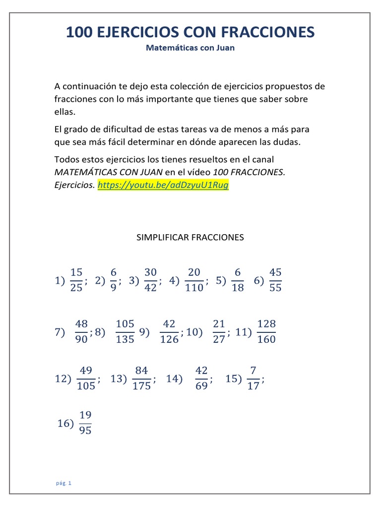 100 Ejercicios de Fracciones | PDF