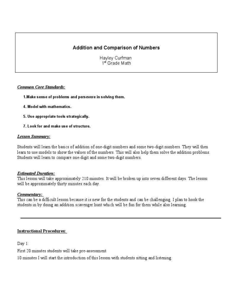 Lesson Plan 1st Grade Math | PDF