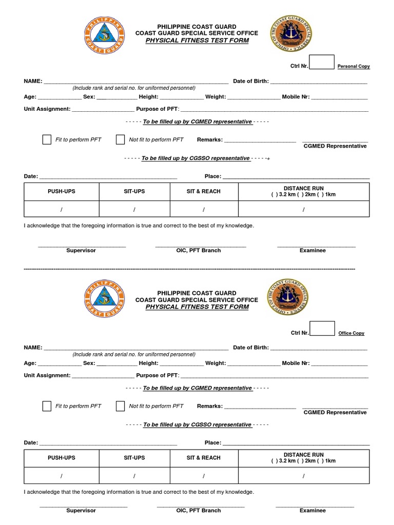 Physical Fitness Test Form: Philippine Coast Guard Coast Guard Special ...