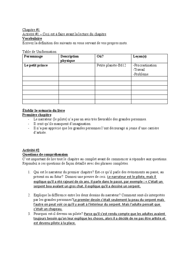 Questions de compréhension du Petit Prince | PDF | Le Petit Prince