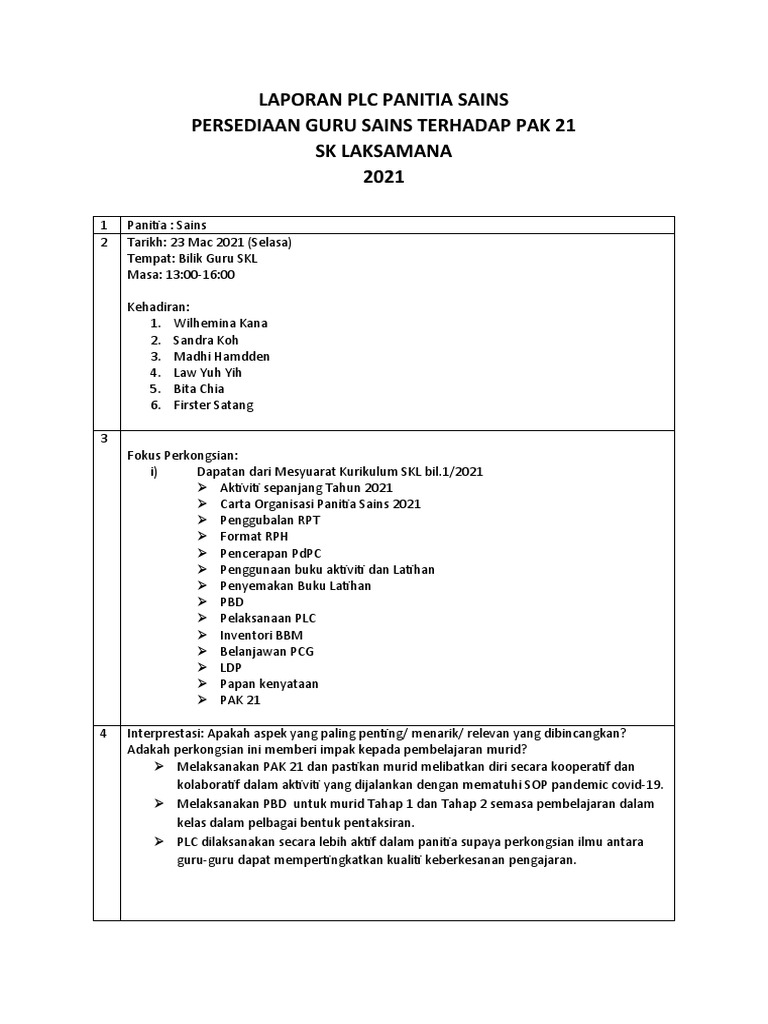 Laporan PLC Sains Bil 1 (2021) | PDF