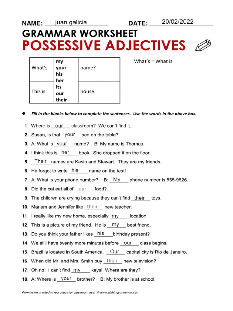 Possessive Adjectives Worksheet For Grade 4 | PDF