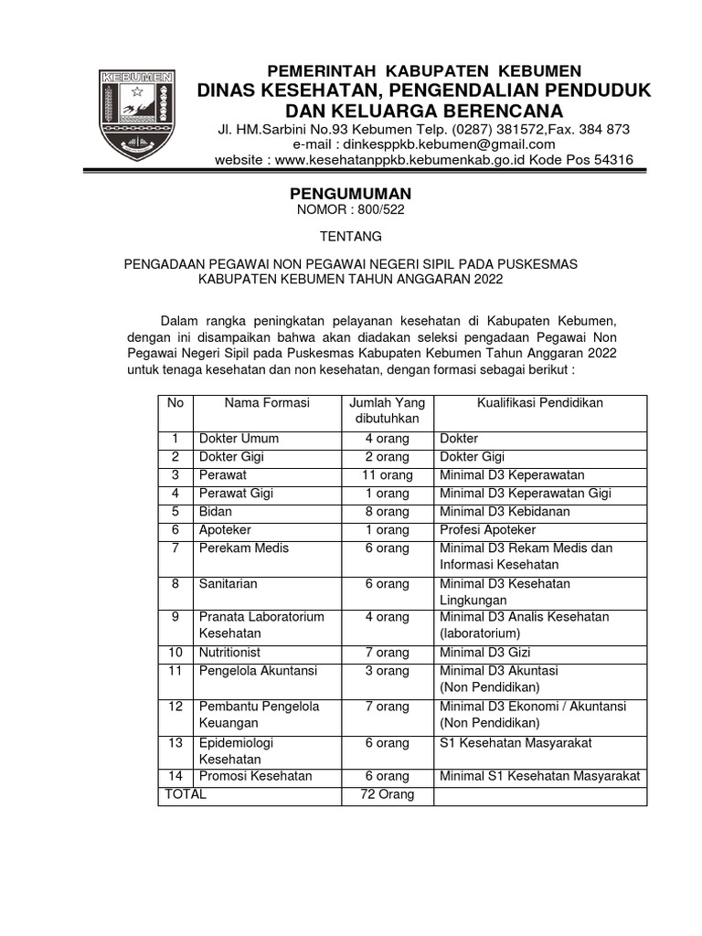 Lowongan Non-PNS Puskesmas Kebumen | PDF