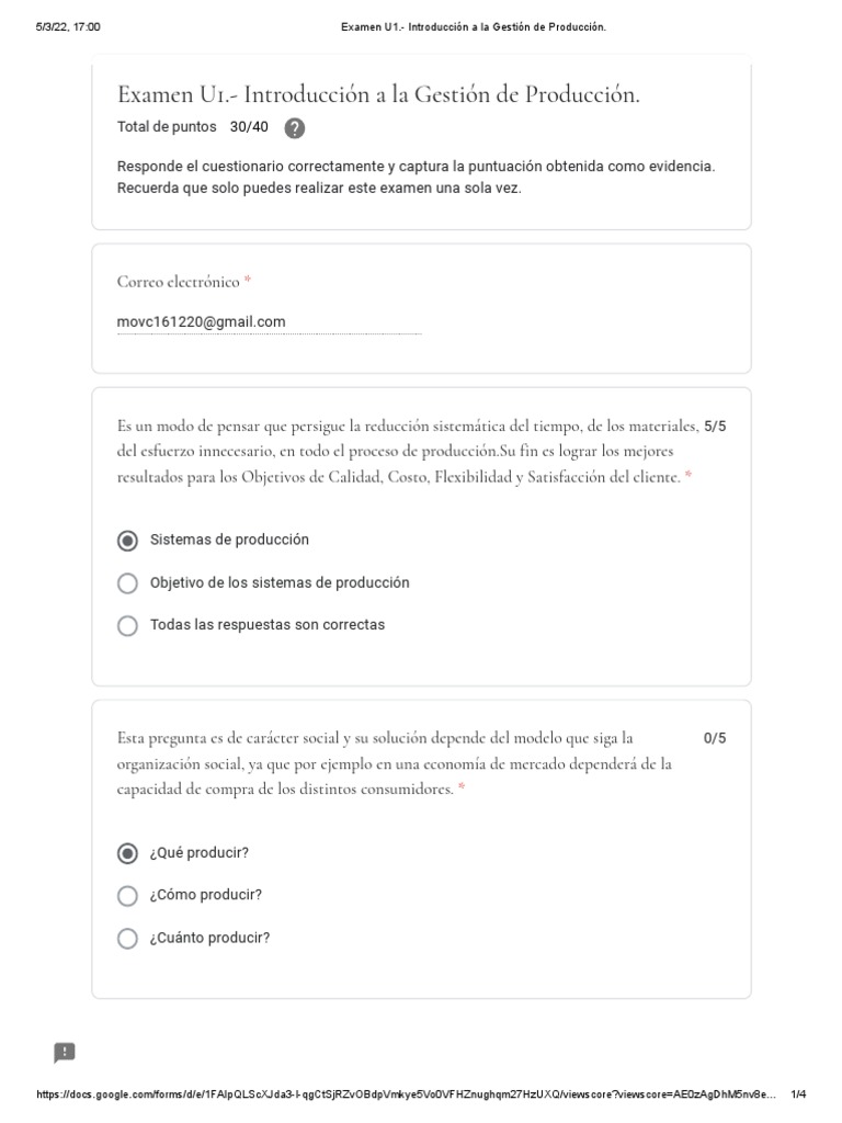 Examen U1. - Introducción A La Gestión de Producción (Calificacion) | PDF | Lean Manufacturing ...