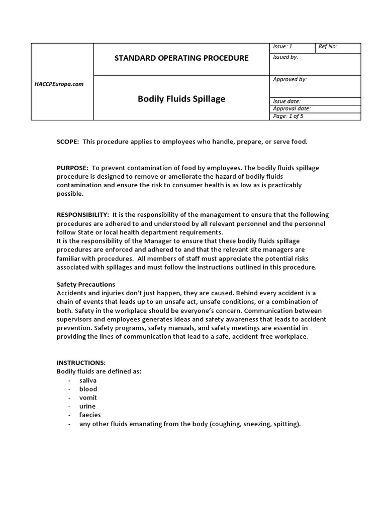 Bodily Fluids Spillage: Standard Operating Procedure | PDF | Hand ...