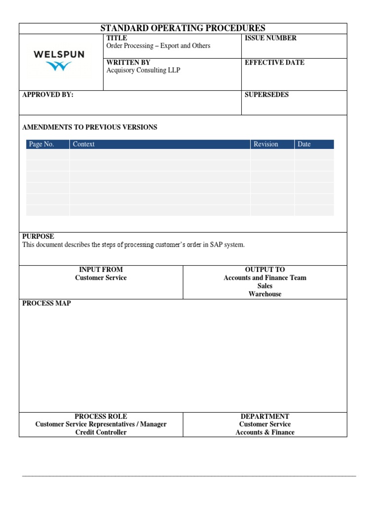 Standard Operating Procedures: Order Processing - Export and Others ...