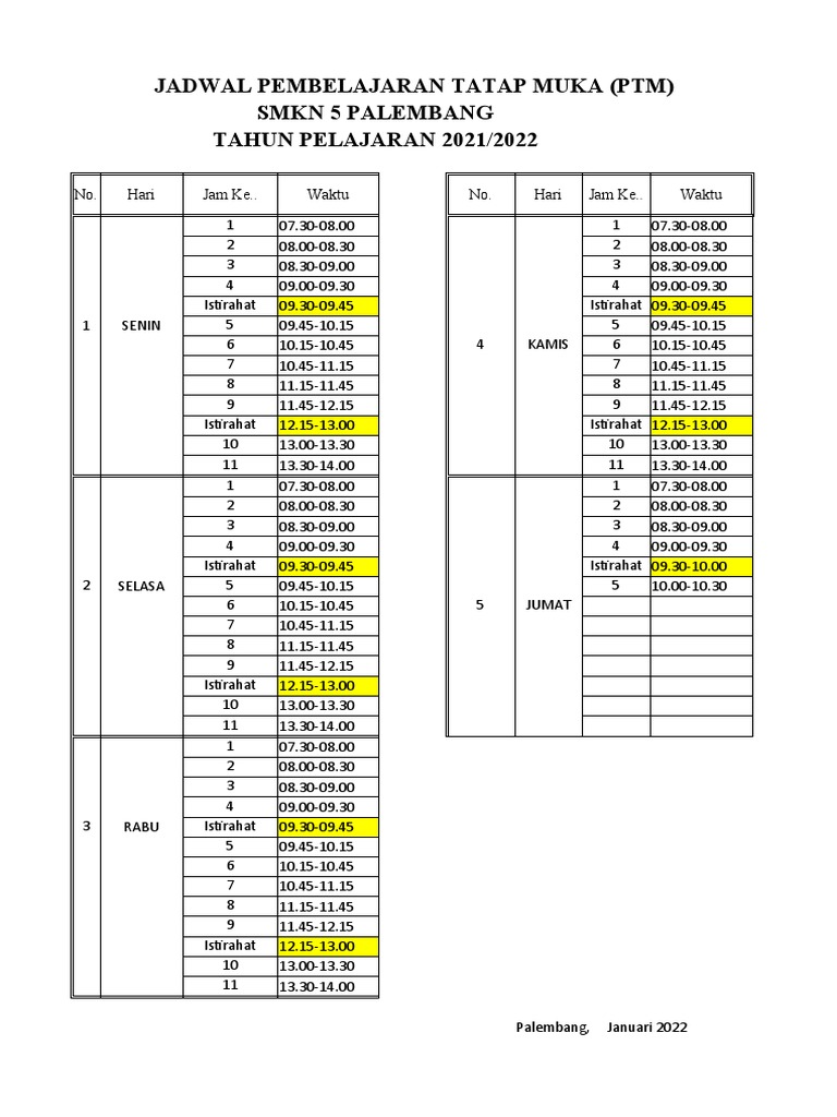 Jadwal Pelajaran Tatap Muka | PDF