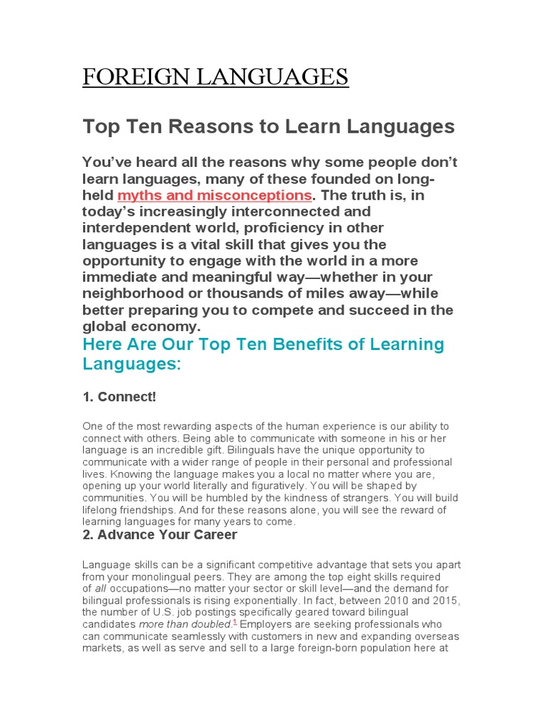 Foreign Languages: Top Ten Reasons To Learn Languages | PDF | Tourism ...