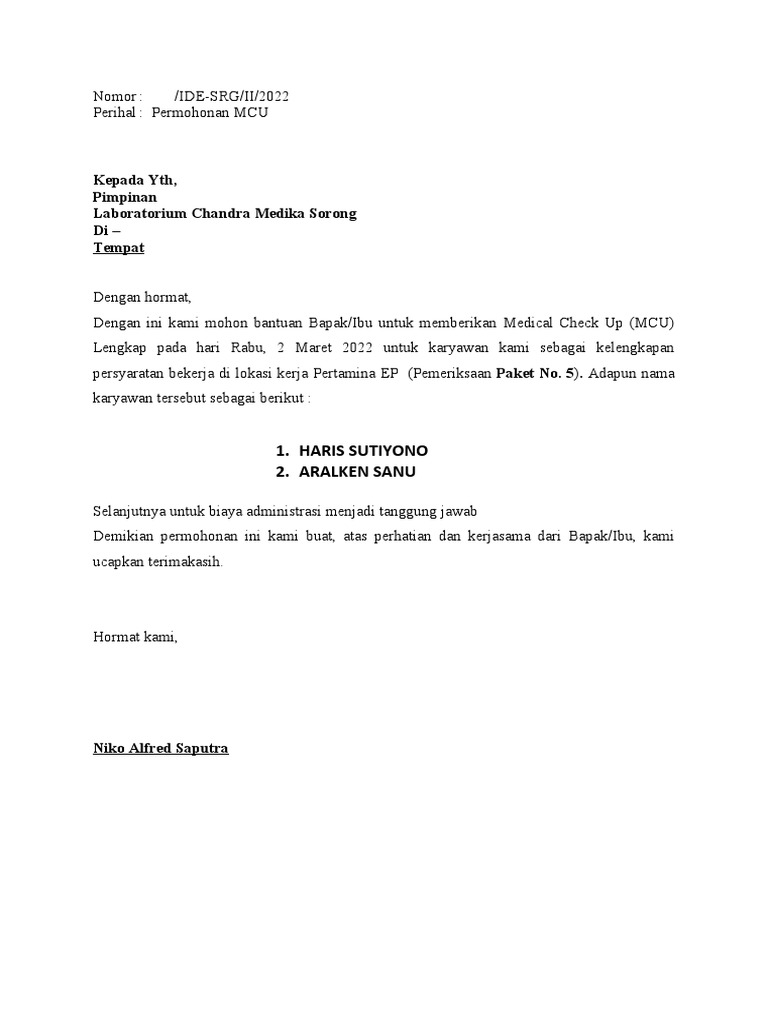 Surat Permohonan MCU | PDF