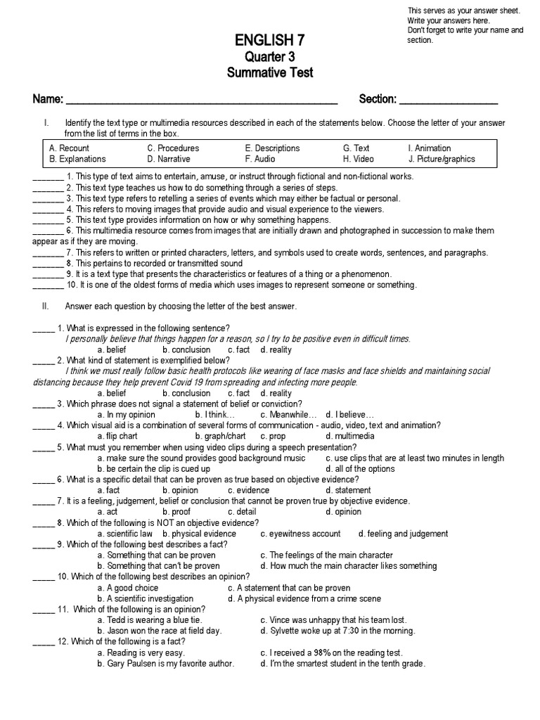 ENGLISH 7 Quarter 3 Summative Test | PDF | Multimedia | Evidence