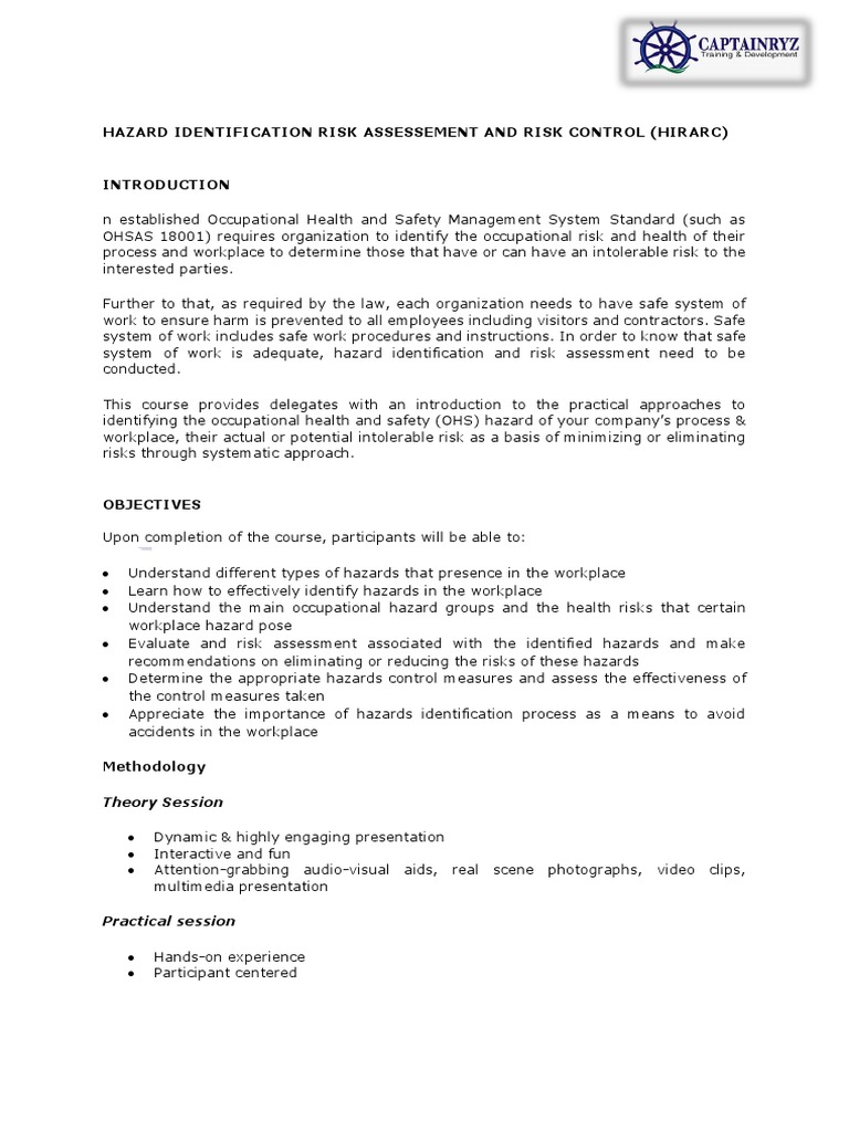 Course Profile - HIRARC - 1 DAY | PDF | Risk | Occupational Safety And ...