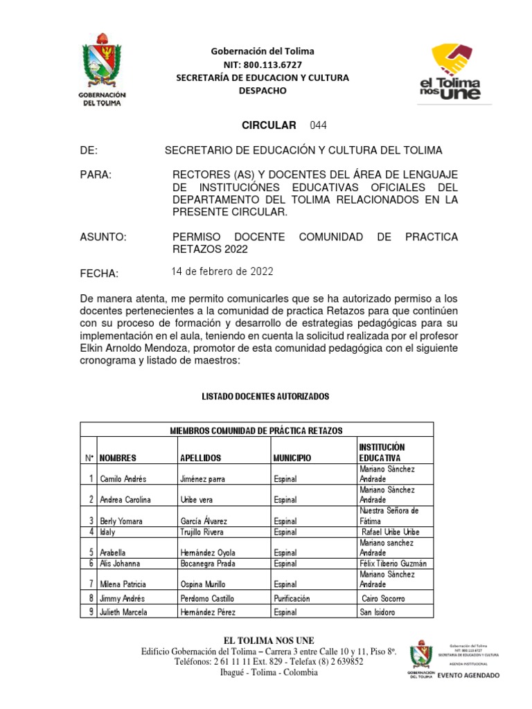 Circular No. 044 - Febrero 14 de 2022 | PDF