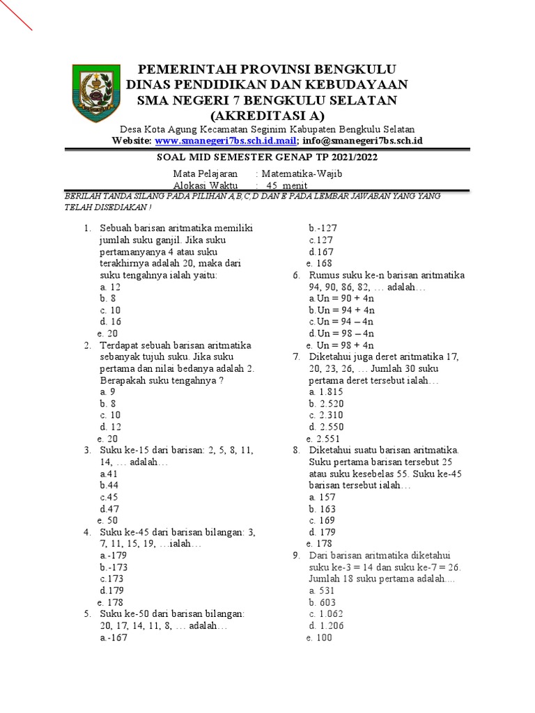 Soal Matematika Wajib Kelas Xi 2022 | PDF
