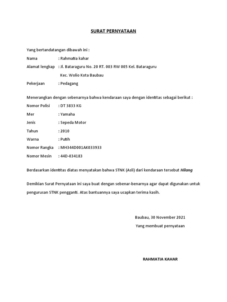 Surat Pernyataan STNK Hilang | PDF
