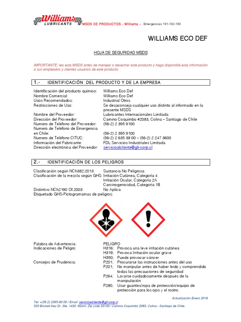 Msds-Williams Eco Def | PDF | Agua | Residuos