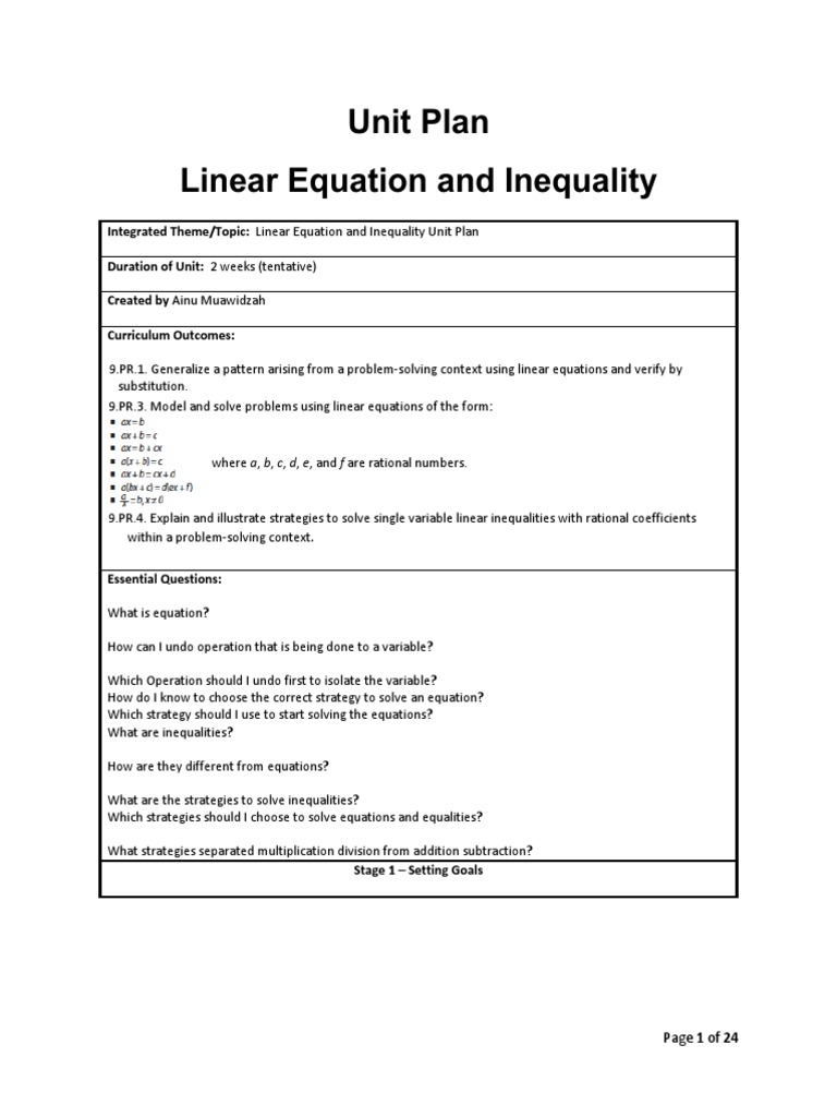 Linear Equations and Inequalities Unit Plan | PDF | Teaching Methods ...